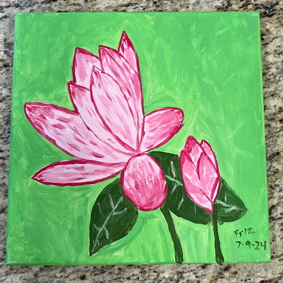 Art | Handmade Lotus Flower Acrylic Painting On 12x12 Canvas Signed ...